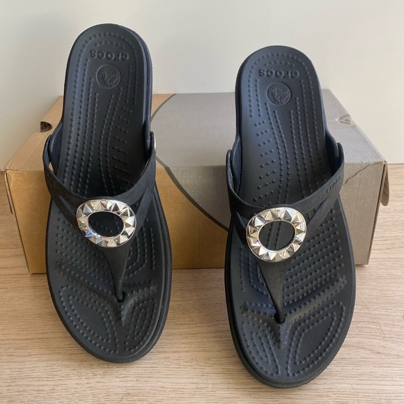 CROCS | Shoes | Crocs Wedge Silver Jewel Black Sandals Sz 9 | Poshmark